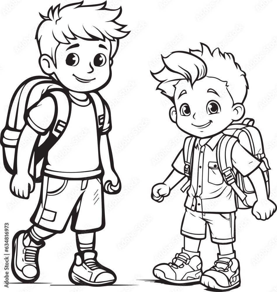 Kid Coloring book character of two little boys going to school, black ...