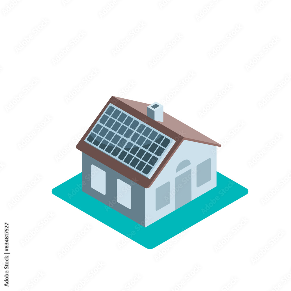 isometric house icon with solar panel in color on white background ...