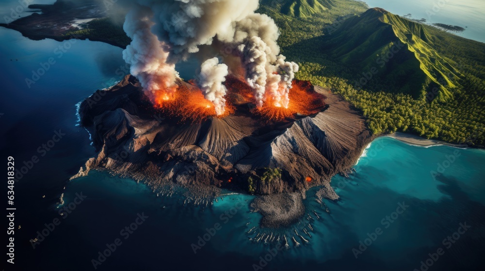 a horizontal layout of a Volcano erupting on a tropical island in an ...