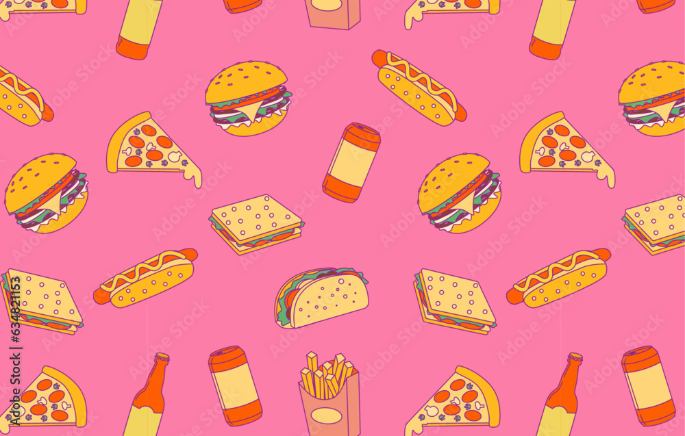 Seamless pattern with fast food, hot dog, taco, cheeseburger, sandwich ...