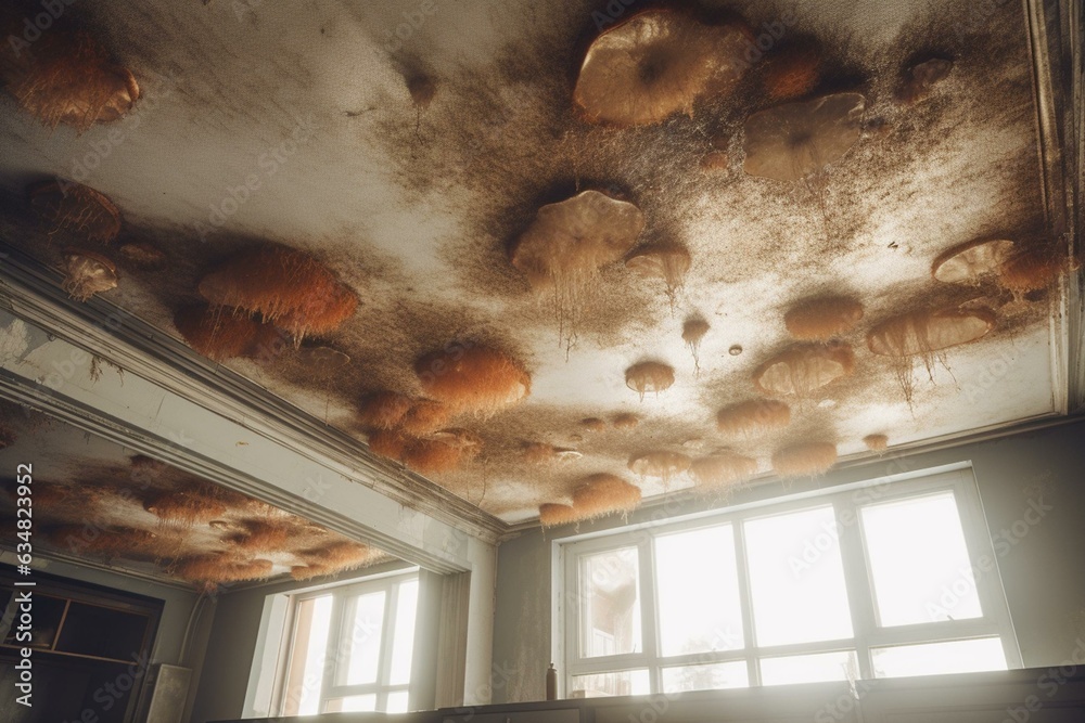 Fungal ceiling panels due to water pipe or rain damage in a residential ...
