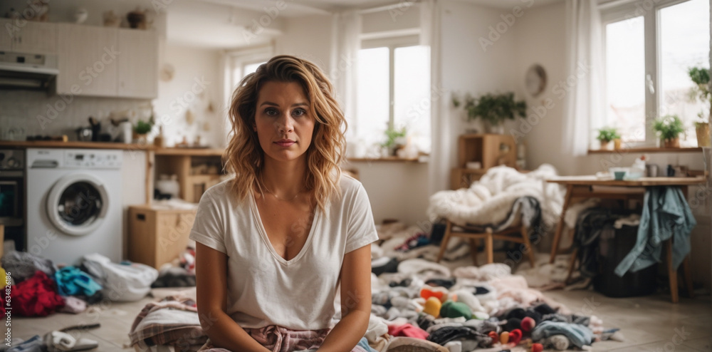 Lonely woman in living room feeling depressed and stressed with sad ...