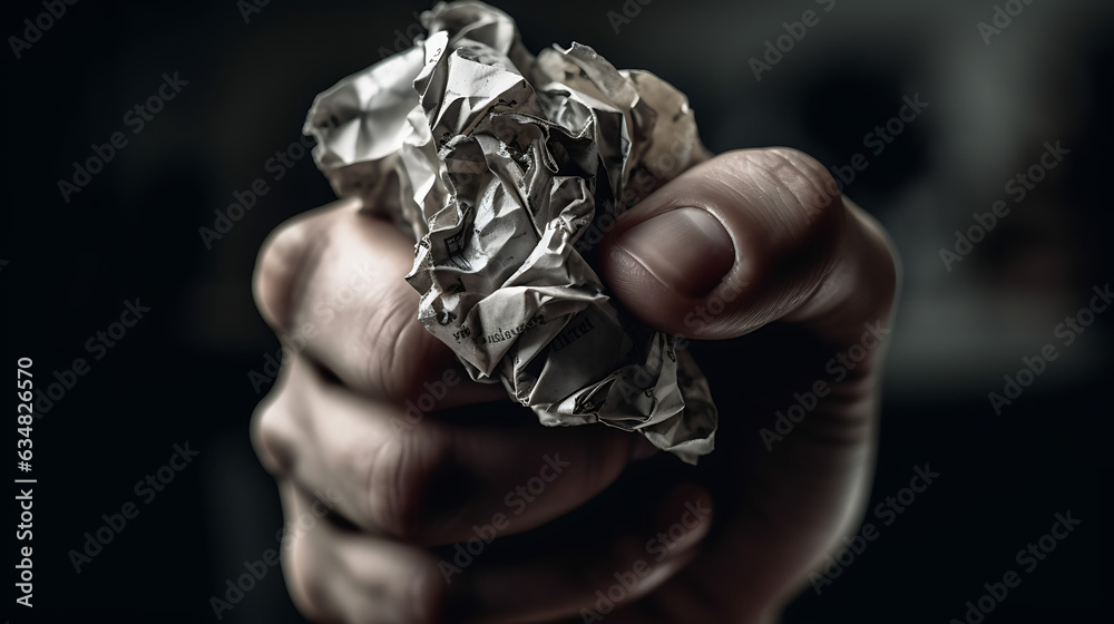 Newspaper in hand, crumpled paper in fist, reading newspaper, throwing ...