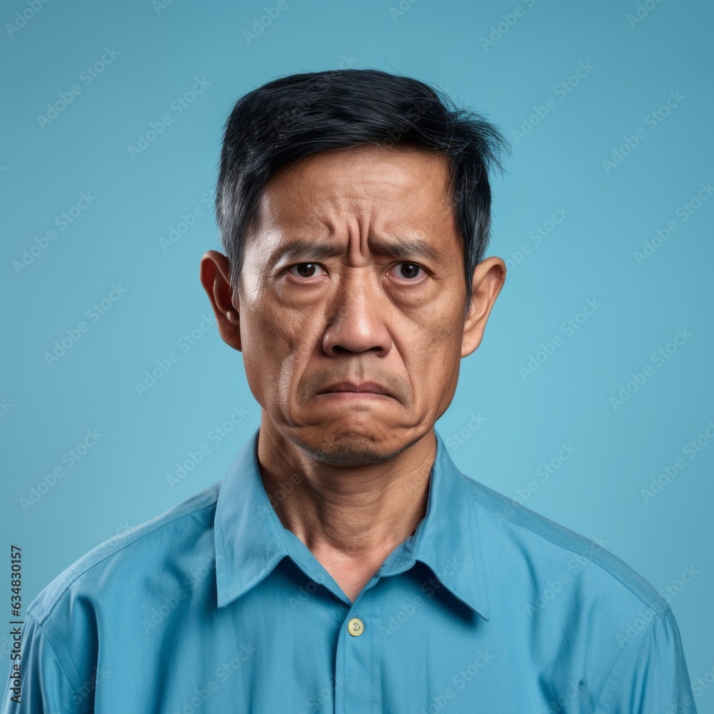 Portrait of an angry middle aged Asian man with black hair. Closeup ...