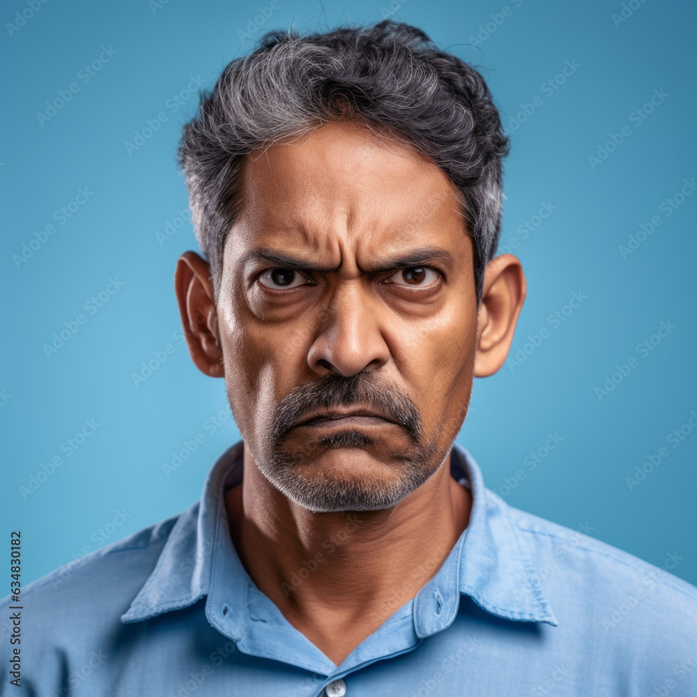 Portrait of an angry middle aged Indian man with gray hair. Closeup ...