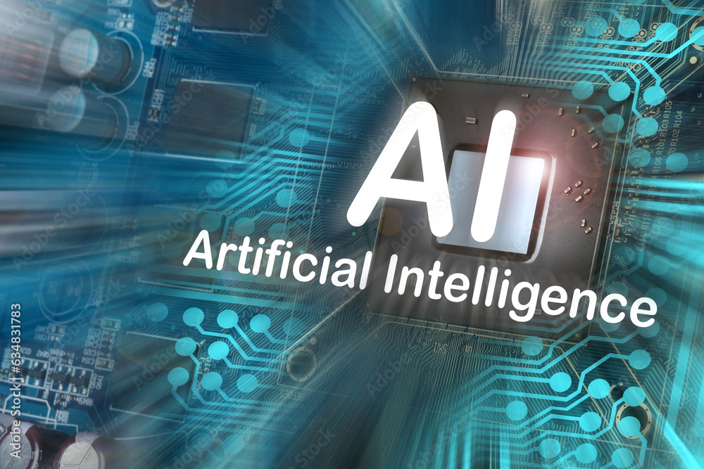 AI Artificial Intelligence text on technology background with processor or CPU of Graphic card ...