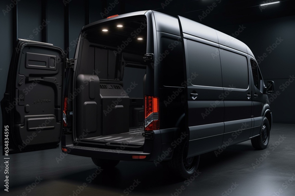 Dark studio showcases matte black techy delivery van. Rear view with ...