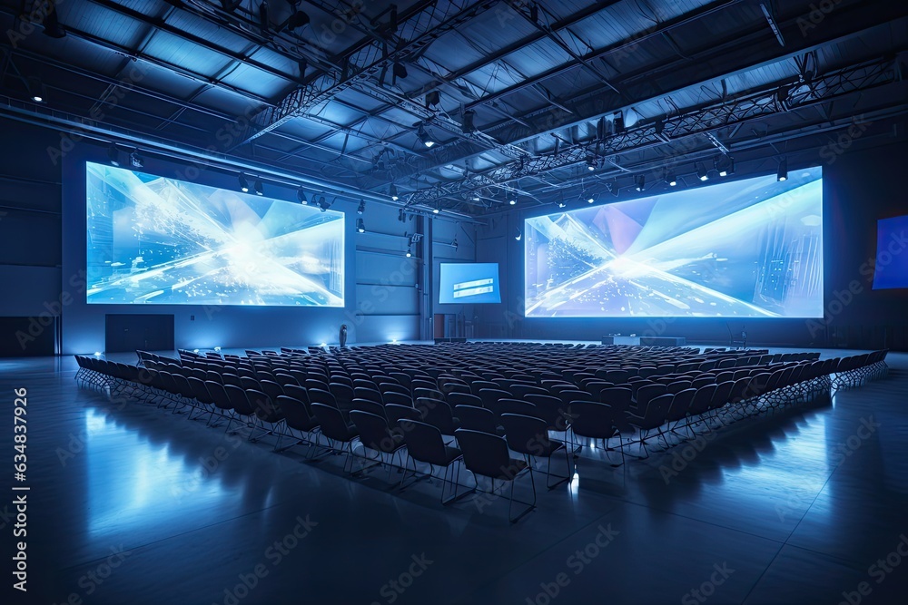 Concert hall with rows of seats and glowing screens in blue tones, A ...
