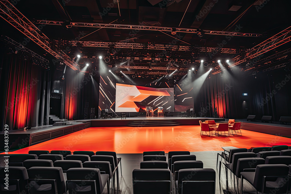 Concert hall with red curtains and stage lights. 3D rendering, A modern ...