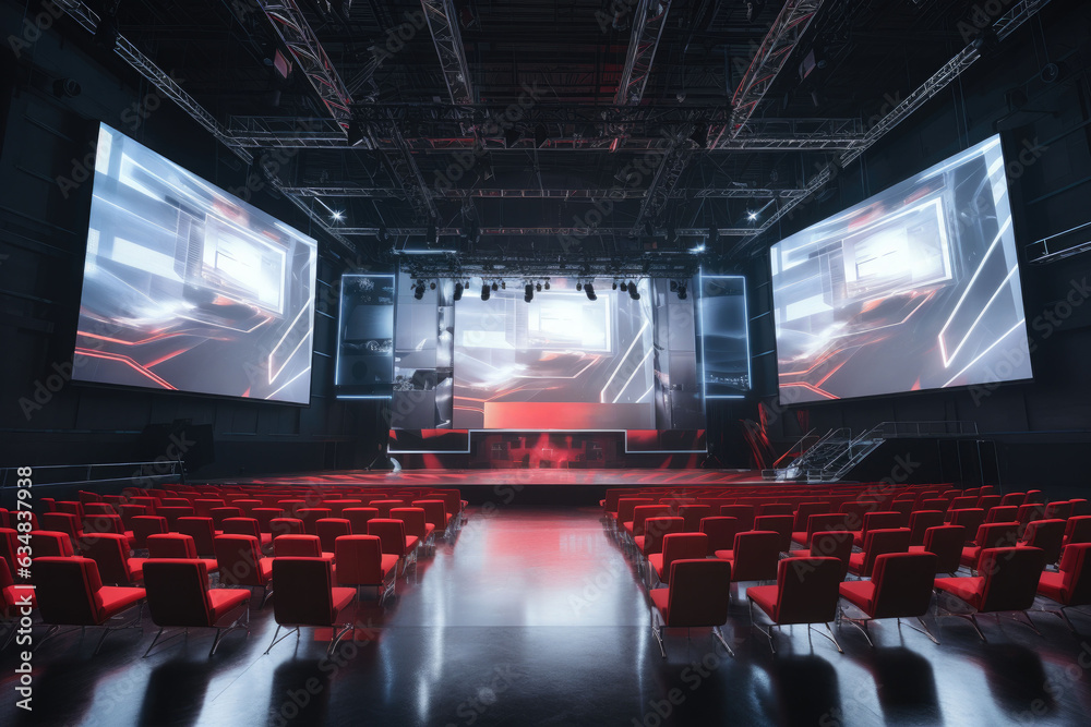 Empty cinema auditorium with red seats and screens. 3d rendering, A ...