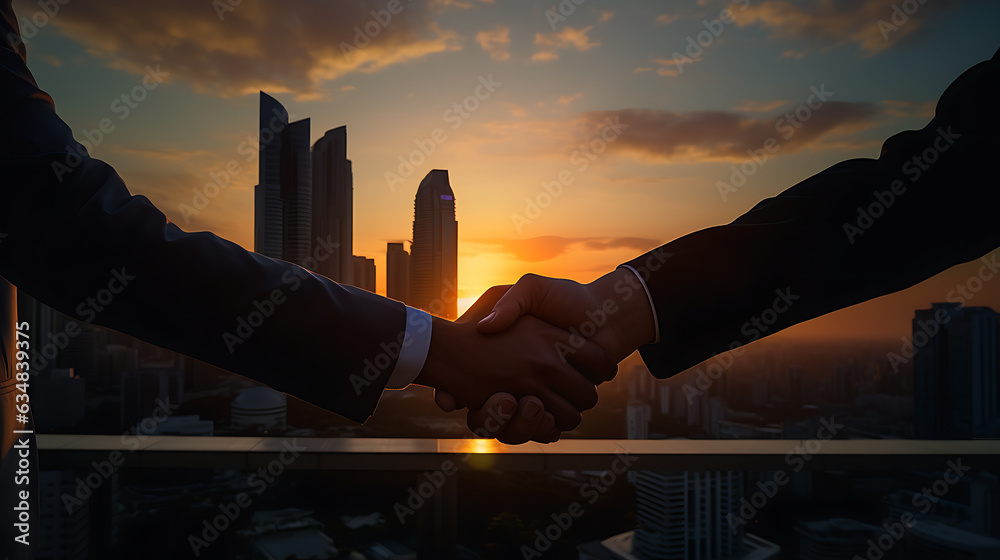 Firm handshake, made friendship, greeting, trust between two people ...