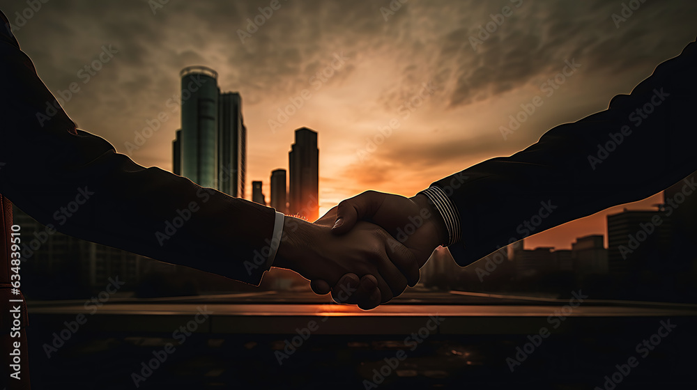Firm handshake, made friendship, greeting, trust between two people ...