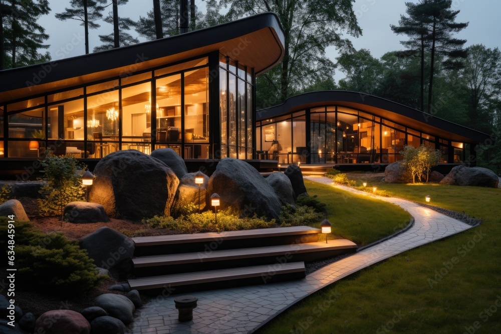 The house exterior design embraces asymmetry with dynamic rooflines and ...