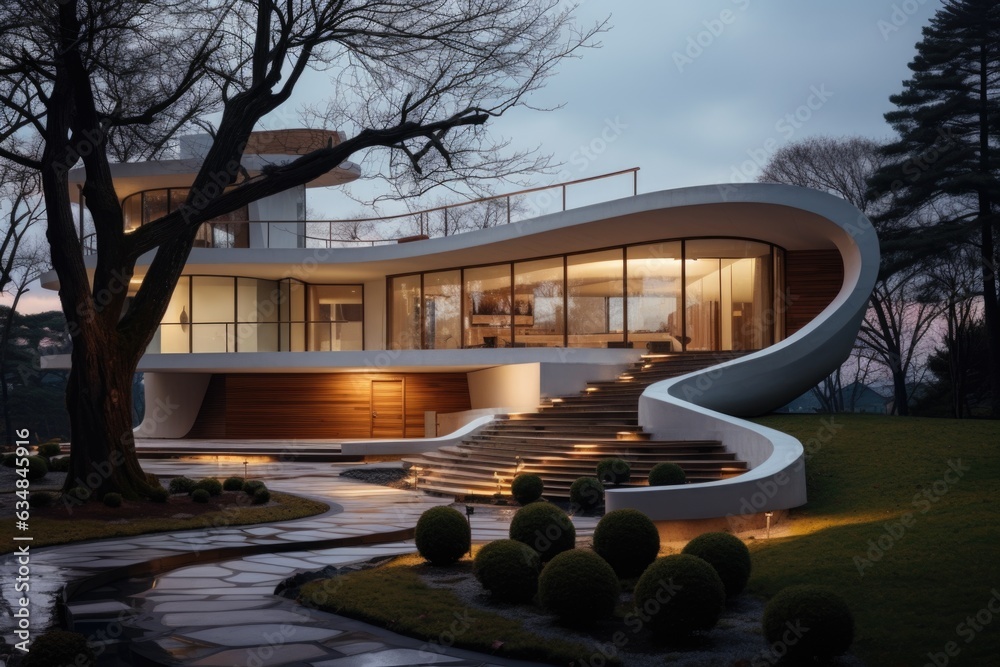 The house exterior design embraces asymmetry with dynamic rooflines and ...