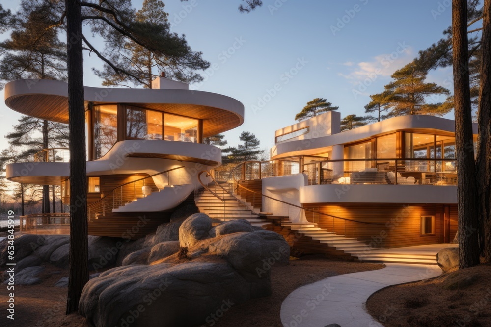 The house exterior design embraces asymmetry with dynamic rooflines and ...