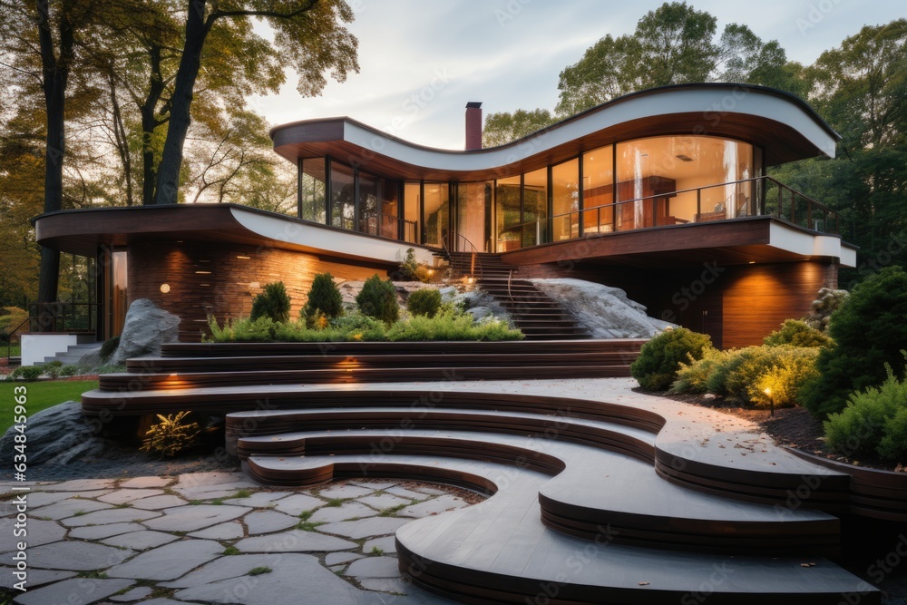 The house exterior design embraces asymmetry with dynamic rooflines and ...