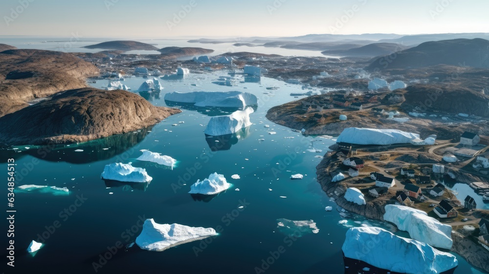 Drone aerial photograph of icebergs depicting global warming and ...