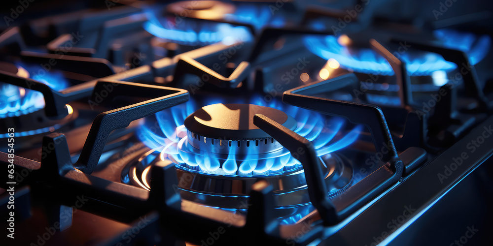 Kitchen gas stove burner with blue flame transparency. Horizontal ...