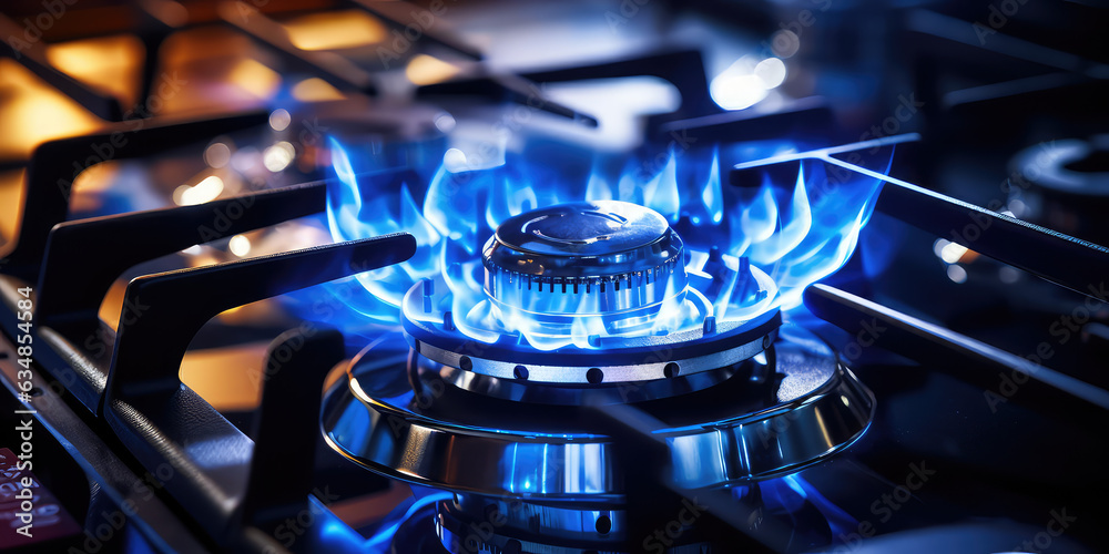 Kitchen gas stove burner with blue flame transparency. Horizontal ...