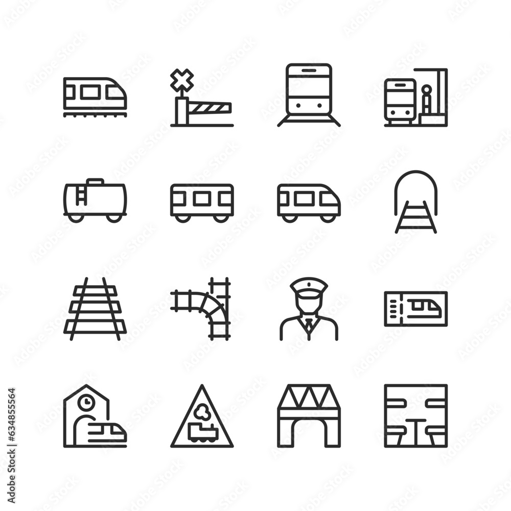 Train on a railroad, linear style icons set. Railway structure. Station ...