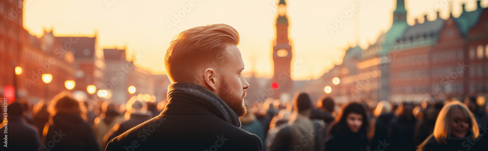 Crowded blurred street in Europe at sunset. Blurred crowd at the street ...