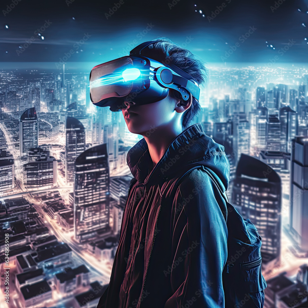 Generation Alpha wearing VR headset in immersive advertising banner ...