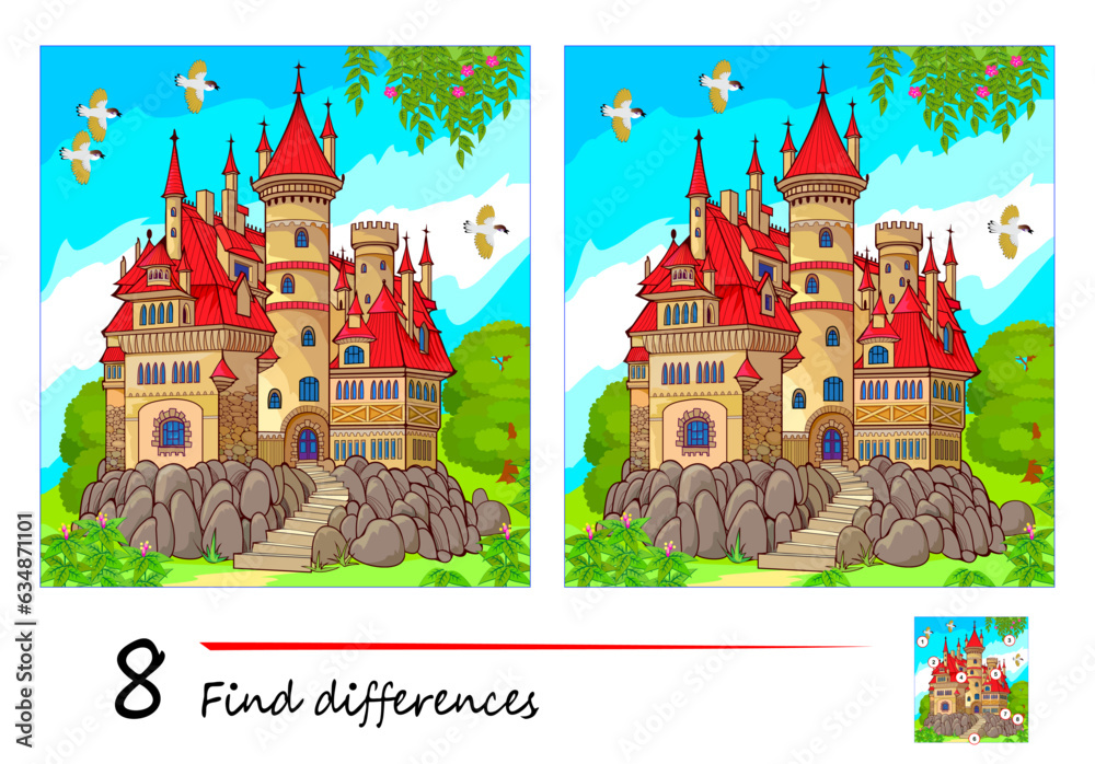 Find 8 differences. Illustration of an old medieval castle. Logic ...