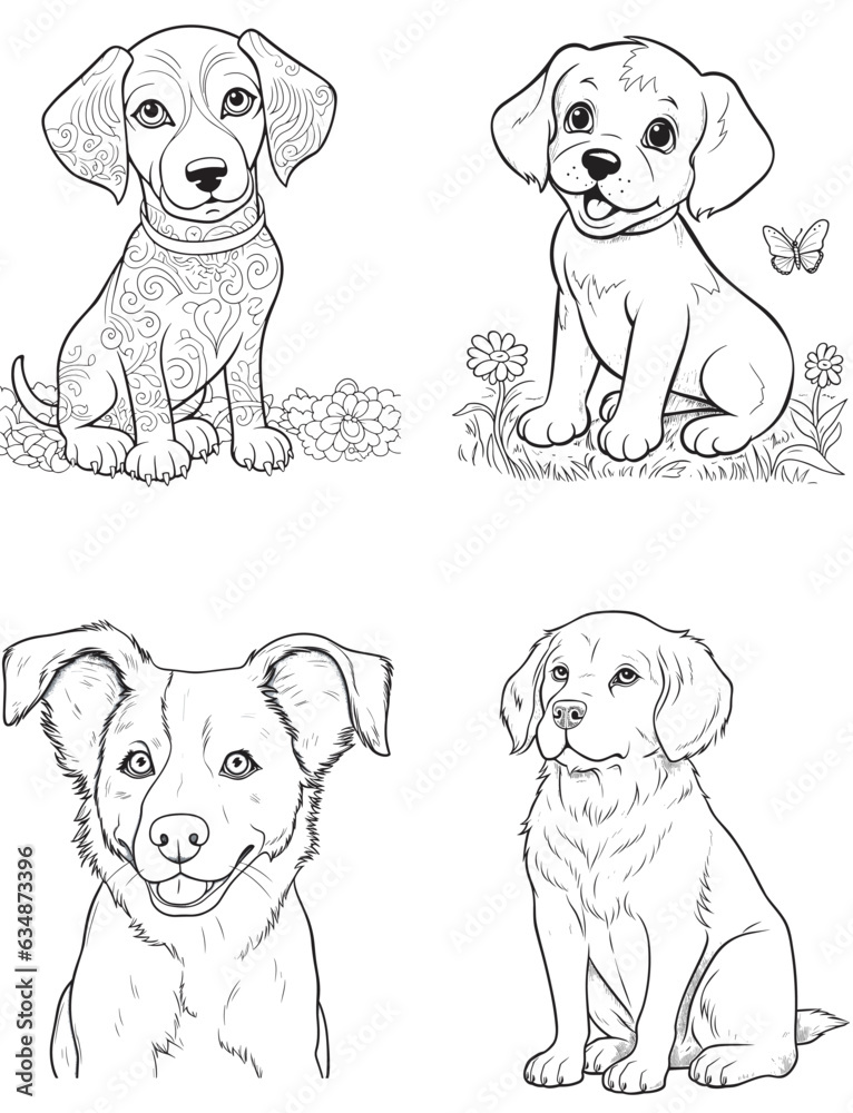 Dog Character Vector, Coloring Book Page with dogs, Coloring page ...