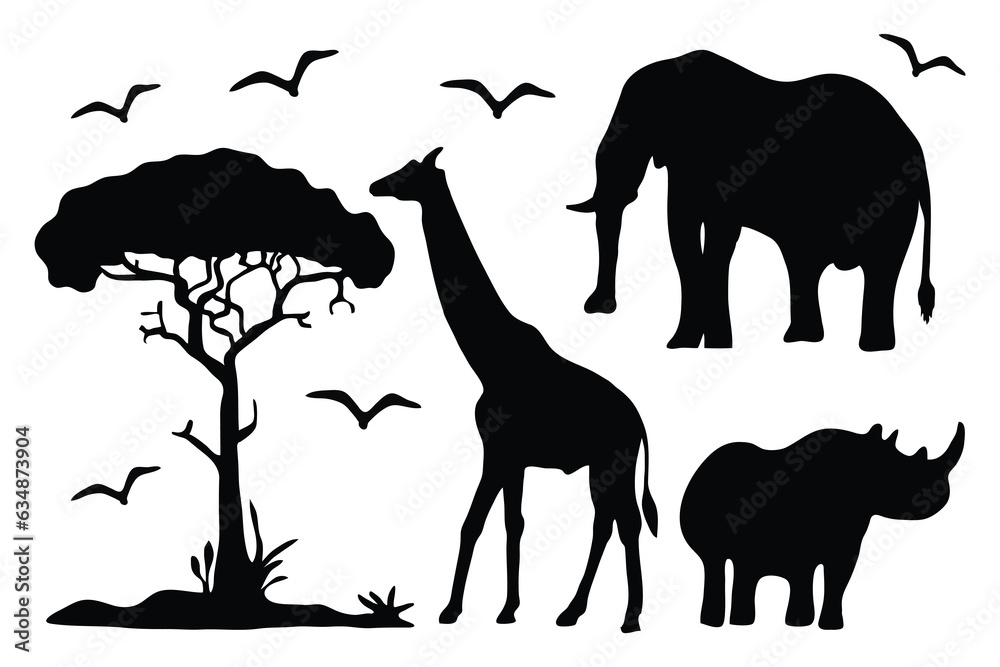 Silhouette of animals and trees in the savanna of Africa. Silhouette ...