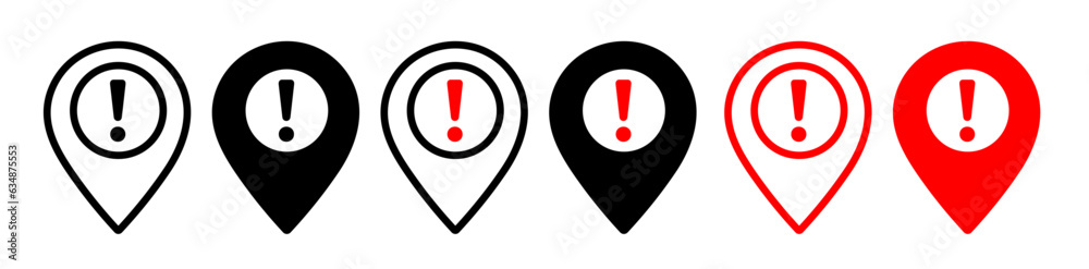 map location error pin icon set. danger zone alert vector symbol. wrong ...