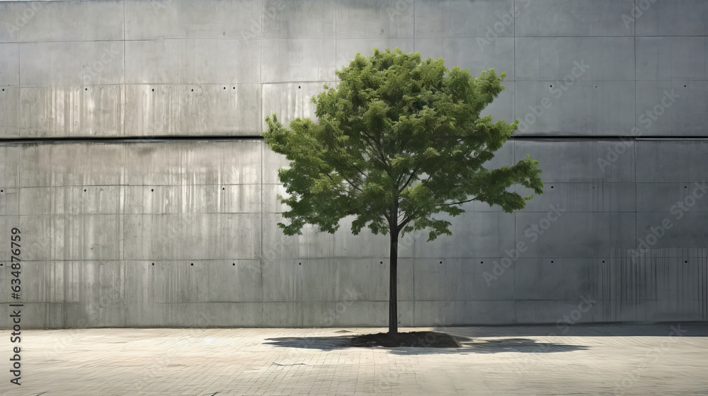 Lone single tree in a modern city full of concrete and dry futuristic ...