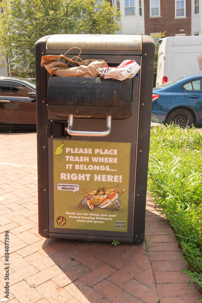 Baltimore, MD US - July 26, 2023: public waste receptacle overflowing ...