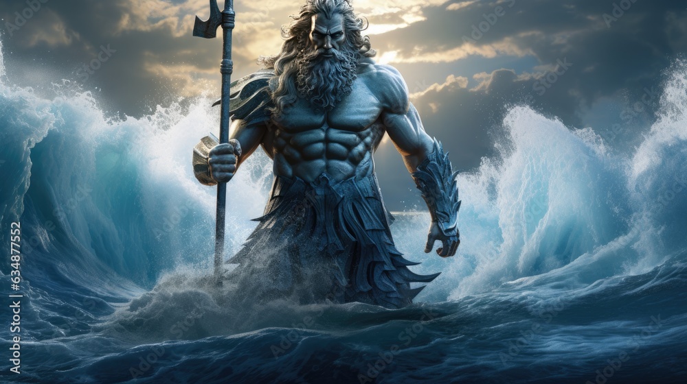 Godly Encounter: Poseidon Illustrated in Turbulent Shoreline Setting ...