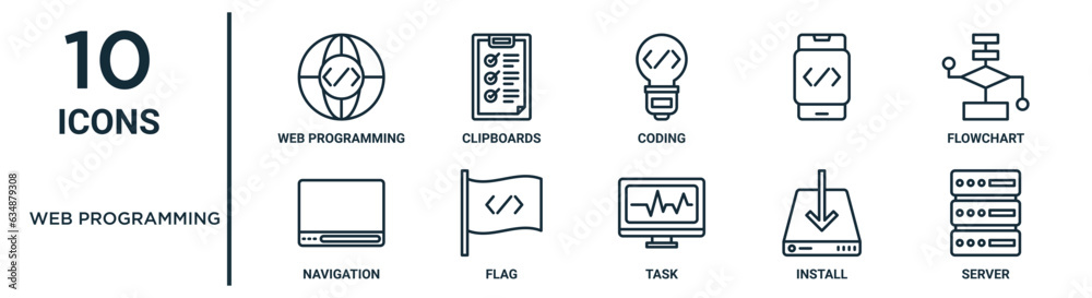 Web Programming Outline Icon Set Such As Thin Line Web Programming Coding Flowchart Flag