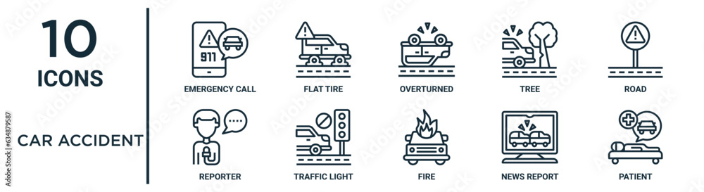 Vetor de car accident outline icon set such as thin line emergency call ...