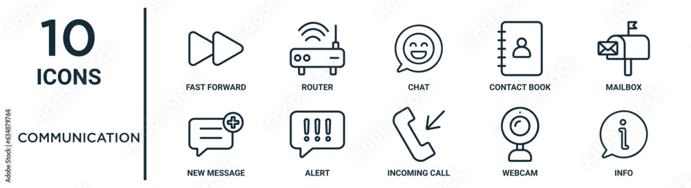 communication outline icon set such as thin line fast forward, chat ...