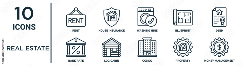 real estate outline icon set such as thin line rent, washing hine, deed ...