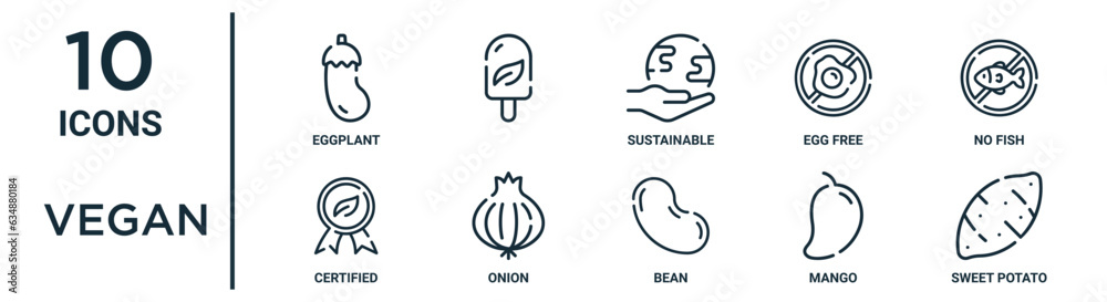 vegan outline icon set such as thin line eggplant, sustainable, no fish ...