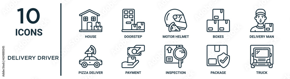 delivery driver outline icon set such as thin line house, motor helmet ...