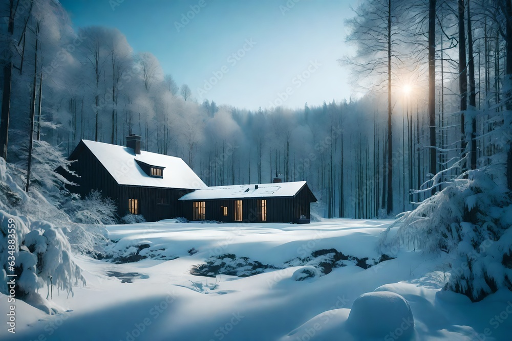 beautiful winter house with the lake and forest and trees and the roof ...
