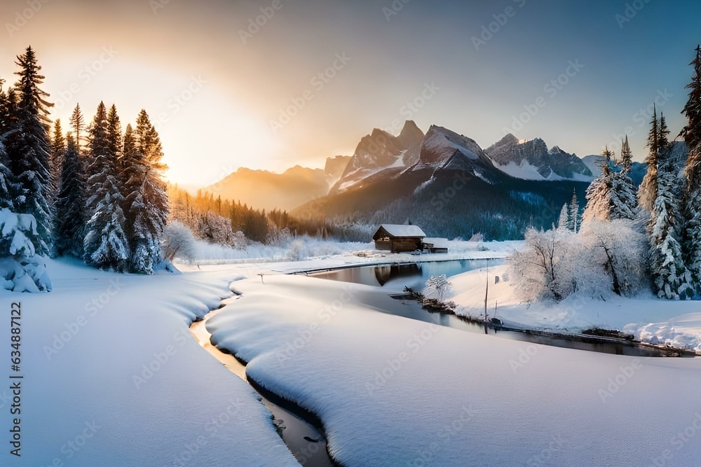 beautiful winter house with the lake and forest and trees and the roof ...