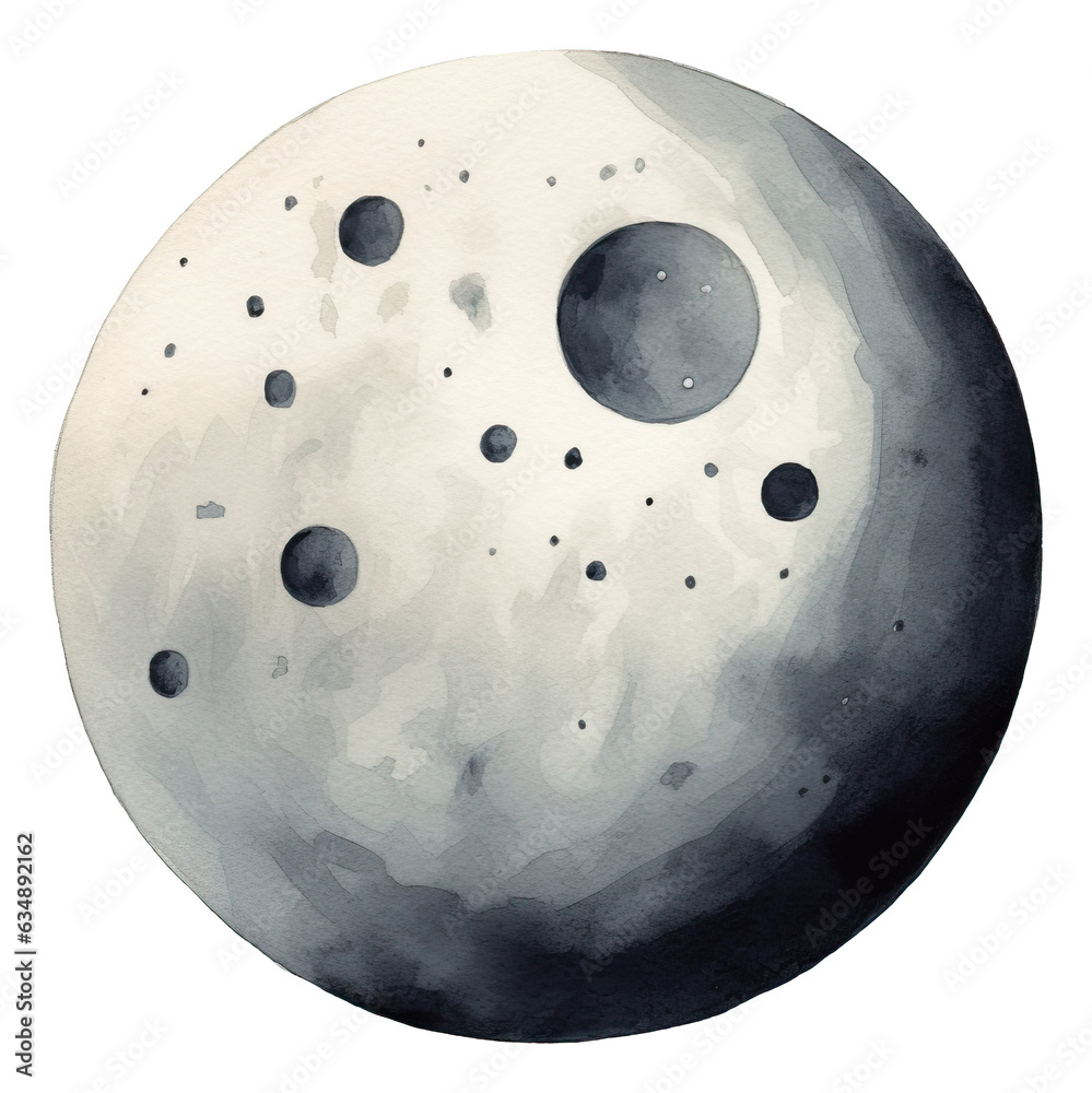 Hand drawn watercolor moon with craters isolated. Cartoon style ...