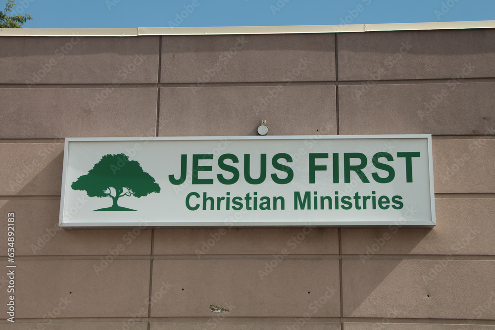 jesus first christian ministries rectangle sign in green writing on ...