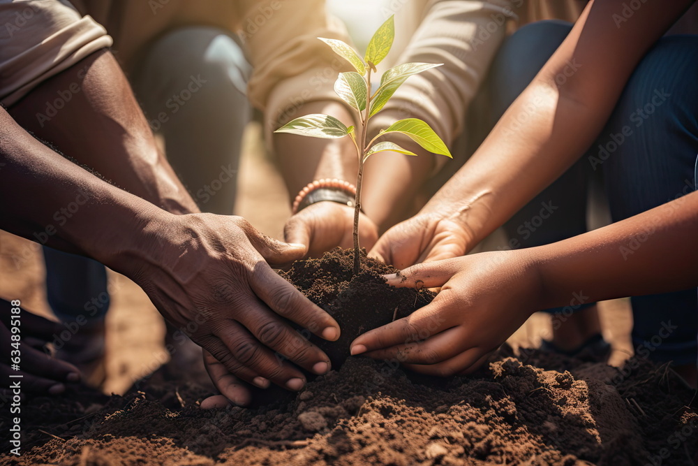 Group of volunteers joins hands together for plant a tree, World ...