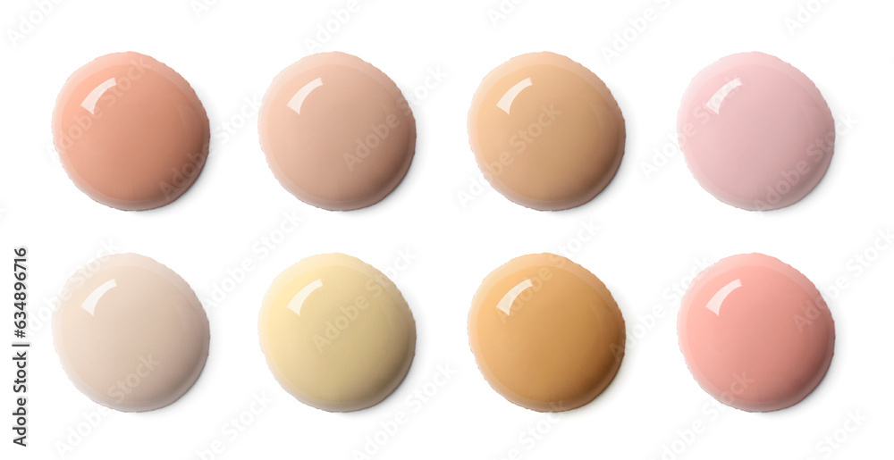 Liquid foundation of various shades for different skin tones isolated ...