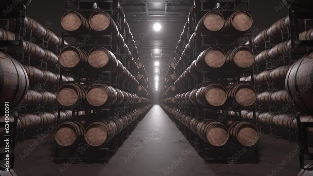 Wooden barrels stored in warehouse. Lights turn on revealing whiskey ...