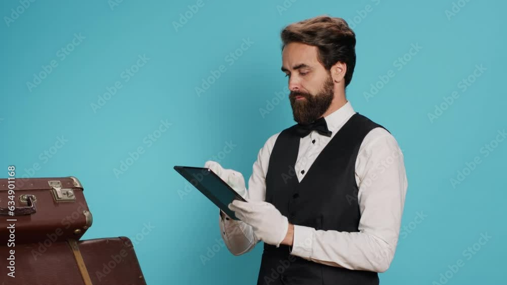 Male bellhop working on tablet, being in charge of trolley bags for ...