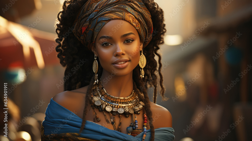 A beautiful African woman captivates the eye with her traditional garb ...