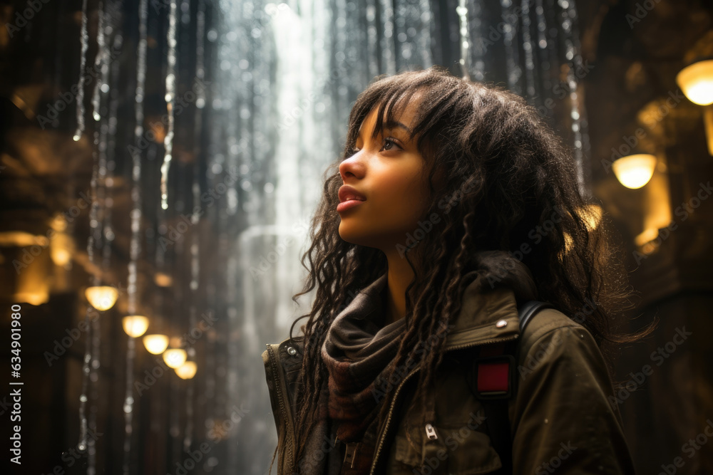 A teenage Black girl bends beneath a grand towering waterfall her ...