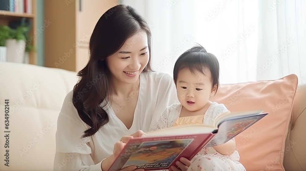 parent sit on sofa with daughter and reading a story. learn development ...